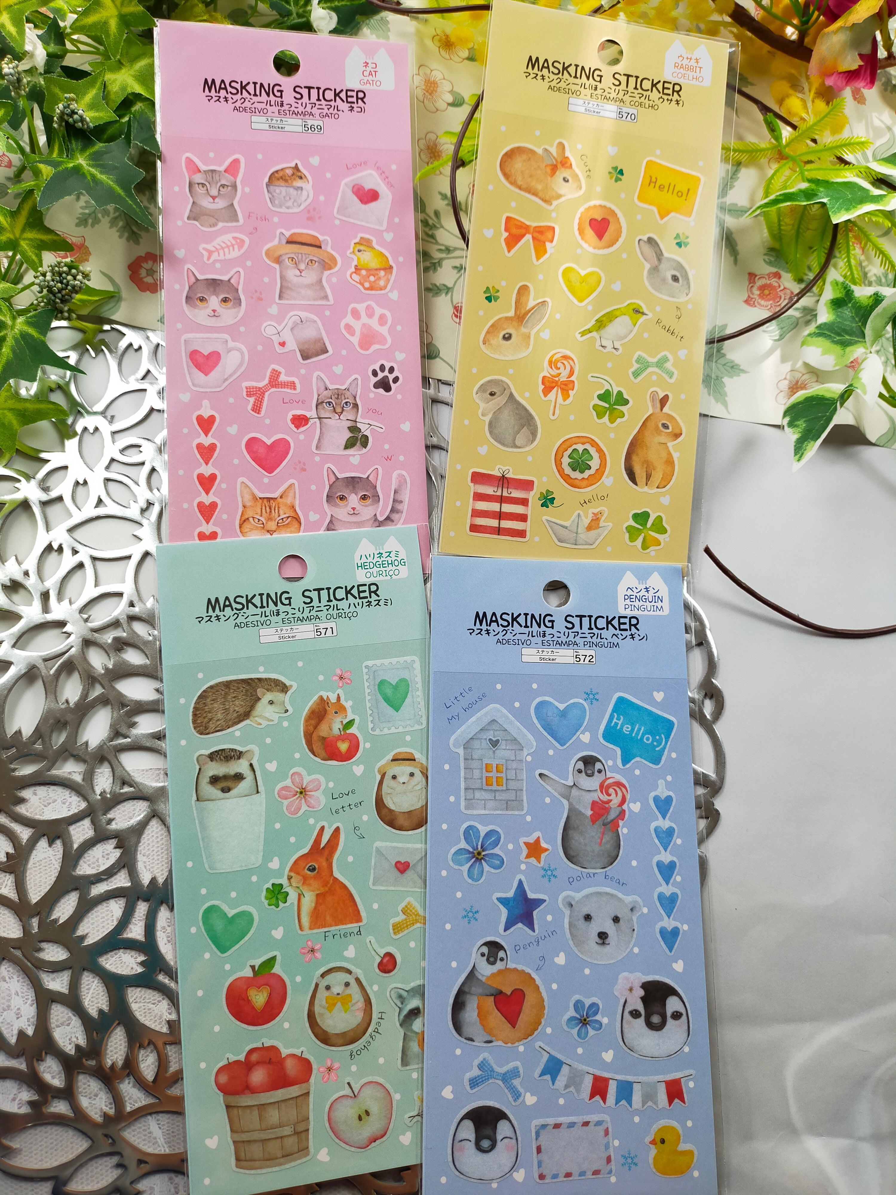 Masking Sticker Hokkori Animal,daiso sticker_Cat Pink /Rabbit Yellow ...